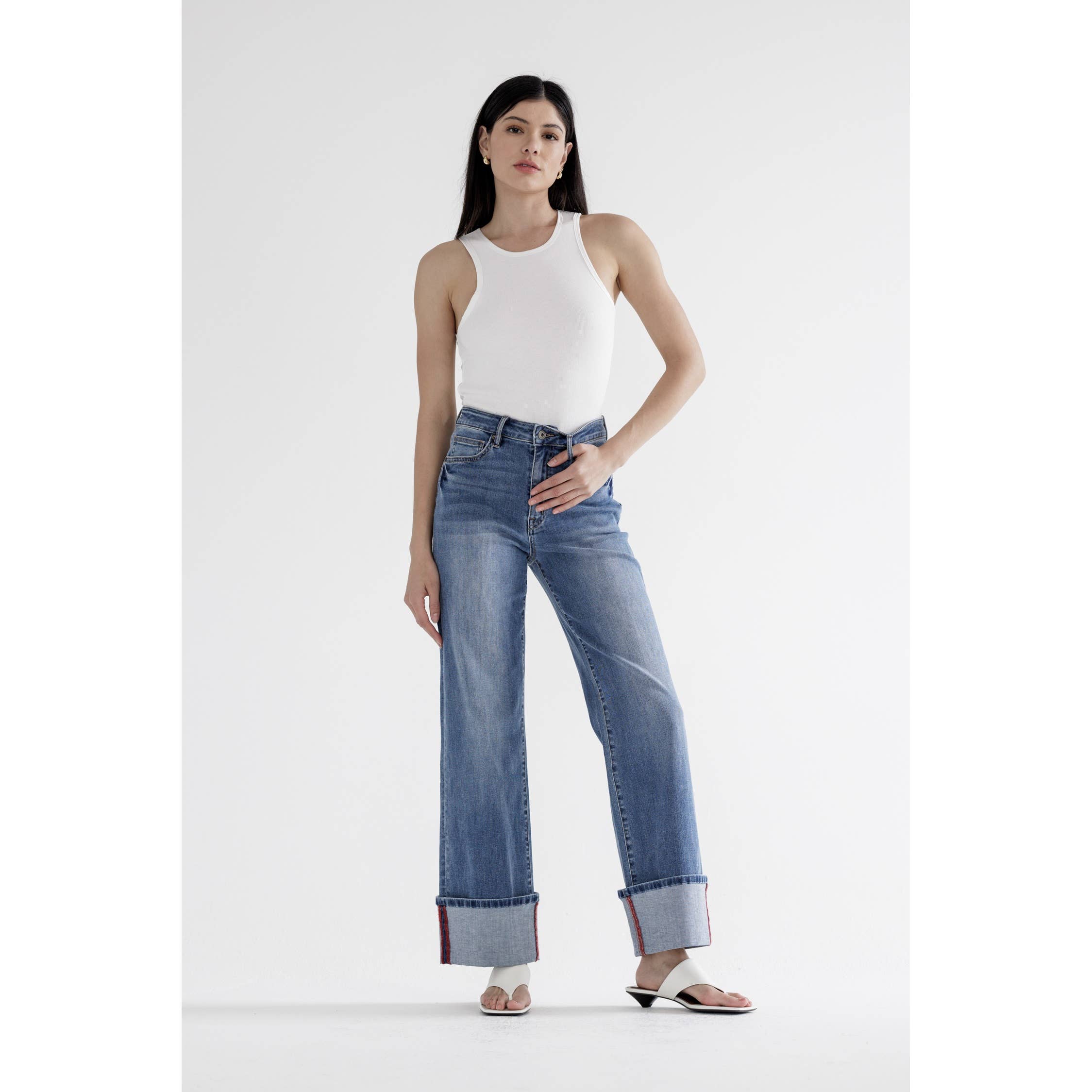 LIVVY HIGH RISE WIDE LEG WITH CUFF HEM JEAN: PORTO BLUE – Elite ...